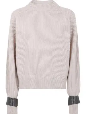 Brunello Cucinelli Cashmere Ribbed Sweater With Embellished Cuffs - Multicolor