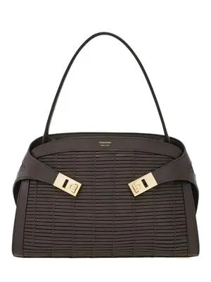 FERRAGAMO Woven Leather Hug Bag With Gold-tone Buckles - Brown