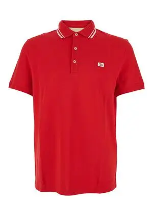 Valentino Garavani Polo Shirt With Classic Collar With Stirped Detail And Logo Patch On The Front In Cotton Piquet - Red