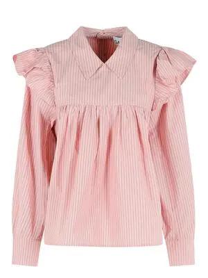 GANNI Cotton Striped Blouse With Pleats And Button Cuffs - Pink