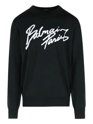 Balmain Merino Wool Sweater With Contrast Logo - Black
