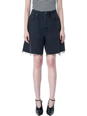 Saint Laurent Mid Rise Raw Edge Denim Shorts - Black