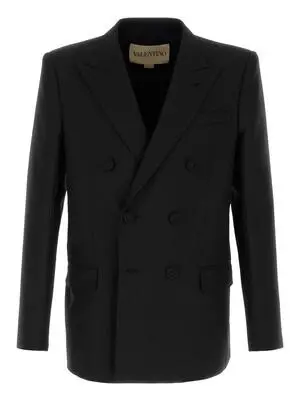 Valentino Garavani Double Breasted Polyester Wool Blend Jacket - Black