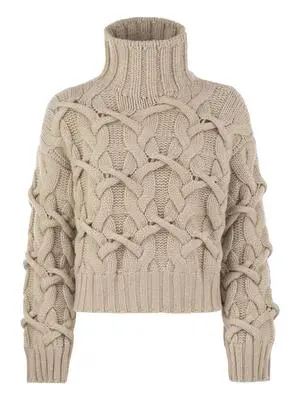 Brunello Cucinelli BRUNELLO CUCINELLI Braided High-Neck Cashmere Sweater Cream
