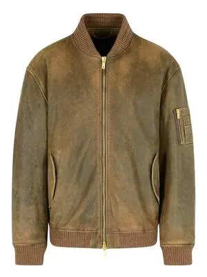 GOLDEN GOOSE Leather Bomber Jacket With Zip Closure And Ribbed Details - Brown
