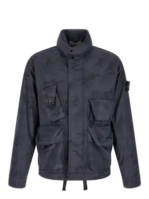 Stone Island Camouflage Utility Jacket With Removable Hood - Blue