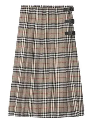 Burberry Checked Wool Midi Skirt With Side Buckle Closure - Multicolor