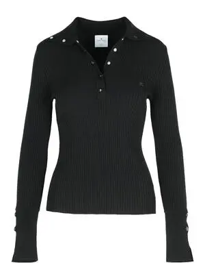 COURREGES Pointed Collar Button Detailed Polyester Blend Sweater - Black
