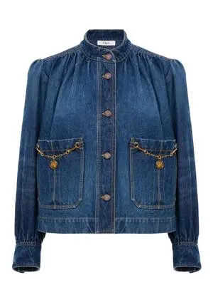 Chloé High Neck Gathered Denim Jacket - Blue