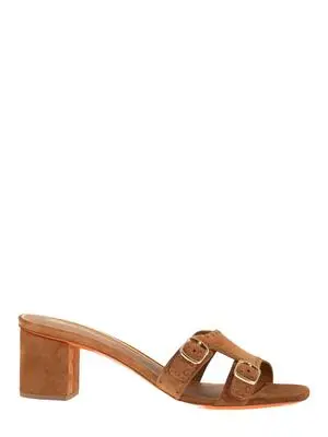 Santoni Suede Double Buckle Block Heel Mule Sandals - Brown