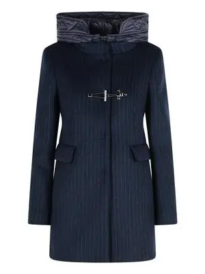 FAY Navy Wool Blend Pinstripe Coat With Adjustable Hood - Blue