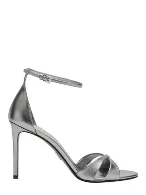 PRADA Prada Silver Leather Heeled Sandals With Adjustable Ankle Strap