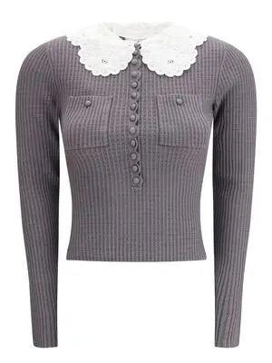 SELF-PORTRAIT Lace Collar Knit Top - Gray