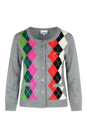GANNI GANNI Checked Cashmere Blend Cardigan Gray