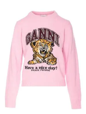 GANNI Graphic Print Wool Jumper - Pink