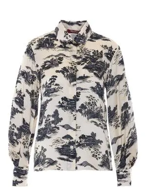 Max Mara MAX MARA STUDIO Evetro Silk Graphic Print Long Sleeve Shirt Black
