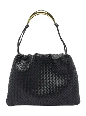 Bottega Veneta Woven Lamb Leather Dustbag Bag With Gold Tone Hoop Handle - Black