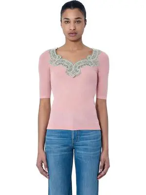 Chloé Ribbed Knit Top With Embroidered Neckline - Pink