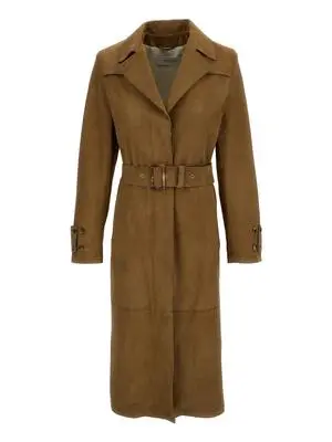 GOLDEN GOOSE Suede Trench Coat With Belt And Iconic Double Star Detail - Multicolor