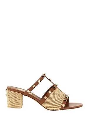 Valentino Garavani Rockstud Embellished Raffia Slides - Brown