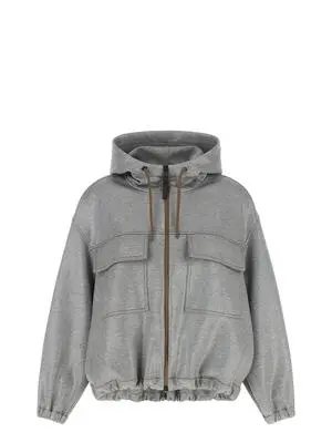 Brunello Cucinelli Mélange Cotton Bomber Jacket With Shiny Zipper Pull - Silver