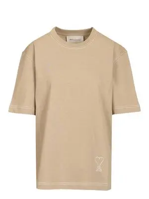 Ami Boxy Fit T-shirt With Topstitched De Coeur - Cream