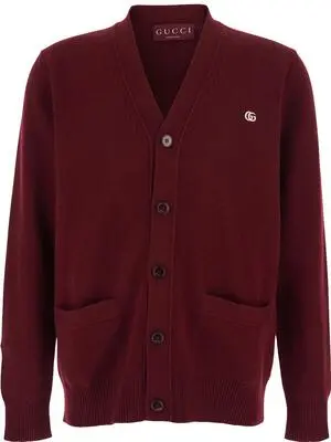 Gucci Bordeaux Cashmere V-neck Cardigan With Gg Embroidery - Multicolor