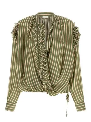 Dries Van Noten Cenever Bis" Striped Cupro Shirt With Ruffle Detail - Green