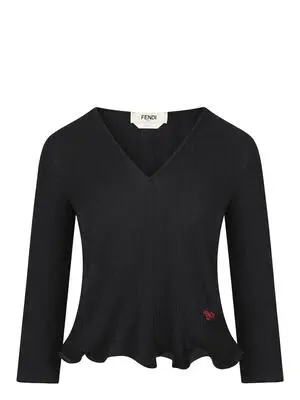FENDI FENDI Ribbed V-Neck Top With Ruffle Hem