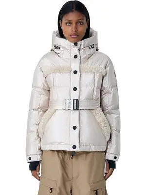 Moncler Belted Down Jacket With Faux Fur Trim - Cream