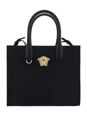 Versace Cotton Shoulder Bag With Embossed Monogram And Medusa Applique - Black
