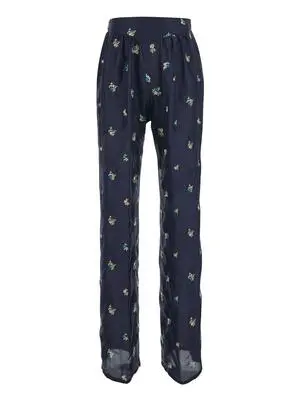 FORTE_FORTE Blue Silk Flared Pants With Floral Embroidery - Multicolor