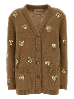 Valentino Garavani Camel Mohair Blend Oversize Cardigan With Heart Embellishments - Brown