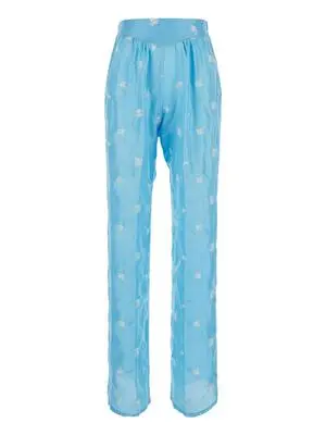 FORTE_FORTE Petite Fleurs Embroidery Silk Flared Pants - Blue
