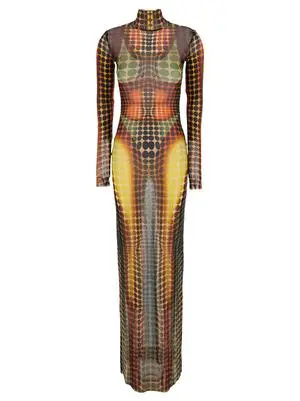 JEAN PAUL GAULTIER Long Sleeve High Collar Printed Tech Fabric Dress - Multicolor