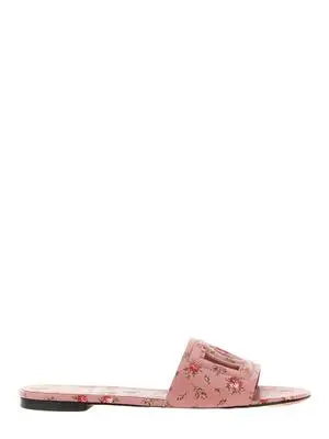 Dolce & Gabbana Rose Print Leather Slides With Cut-out Logo - Pink