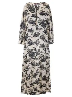 Max Mara Alga Silk Printed Long Sleeve Maxi Dress - Black