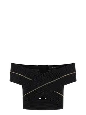 Balmain Off-the-shoulder Stretch Viscose Top With Mesh Inserts - Black