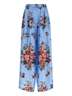 Dolce & Gabbana Dolce & Gabbana "Mazzo Di Fiori" Print Silk Twill Wide Leg Trousers Blue