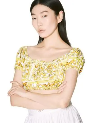 Dolce & Gabbana Majolica Print Poplin Crop Top - Yellow