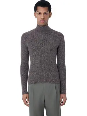 Prada High Neck Zip Sweater In Textured Cotton - Brown