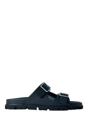 Prada Double Strap Rubber Slides With Adjustable Buckle - Black