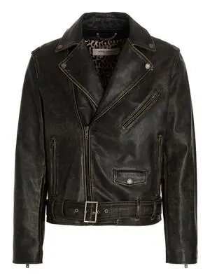 GOLDEN GOOSE Distressed Leather Biker Jacket With Belt - Black