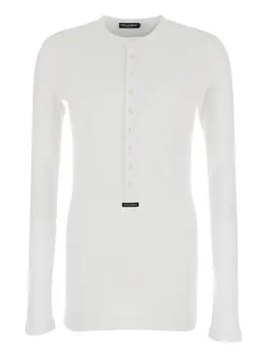 Dolce & Gabbana Serafino' White Crew Neck T-shirt With Long Sleeves And Logo Patch On The Front In Cotton For - Multicolor