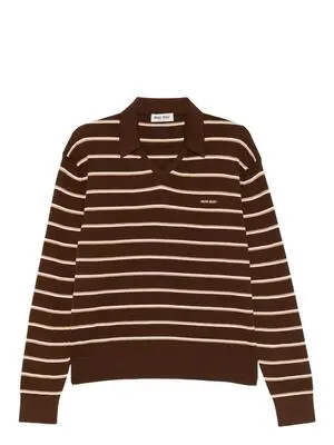 MIU MIU Miu Miu Embroidered Striped Stretch Cotton Blend Polo Shirt