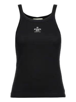 Fendi Ribbed Cotton Tank Top With Logo Embroidery - Black