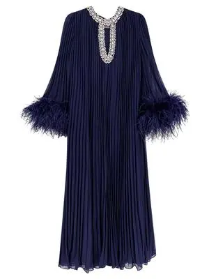 SELF-PORTRAIT Navy Ostrich Feather Trimmed Pleated Dress - Blue