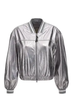 Brunello Cucinelli Laminated Leather Bomber Jacket - Silver