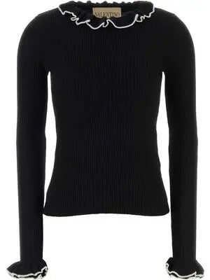 Valentino Garavani Wool Ribbed Knit Ruffled Sweater - Black