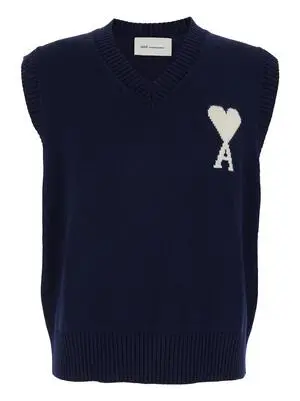 Ami Wool And Cotton Blend Vest With V-neck And Logo Detail - Multicolor